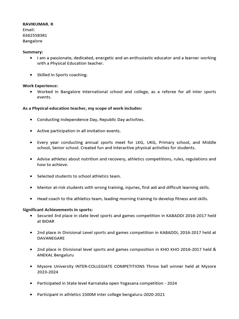 Ravi Kumar Resume 17.06.2024 | PDF | Bangalore | Sports