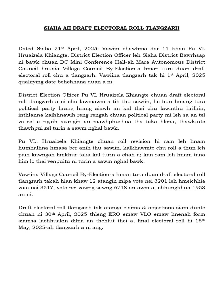 Draft Electoral Roll for Village By-Election | PDF | Political Law ...