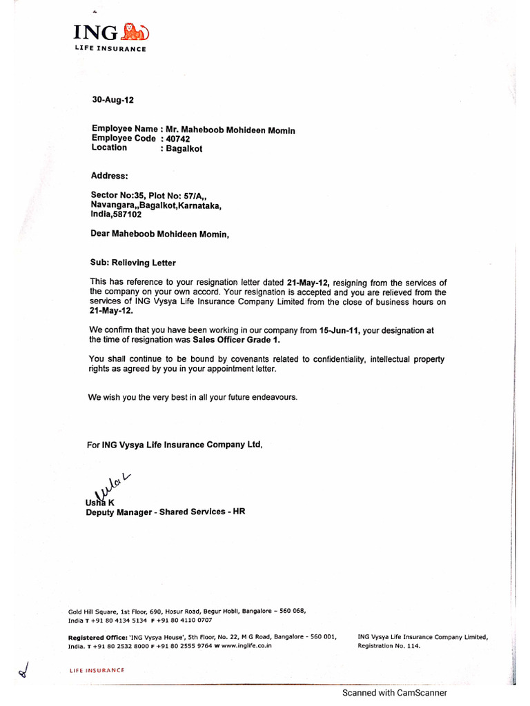 ING Offer Letter and Reliving | PDF