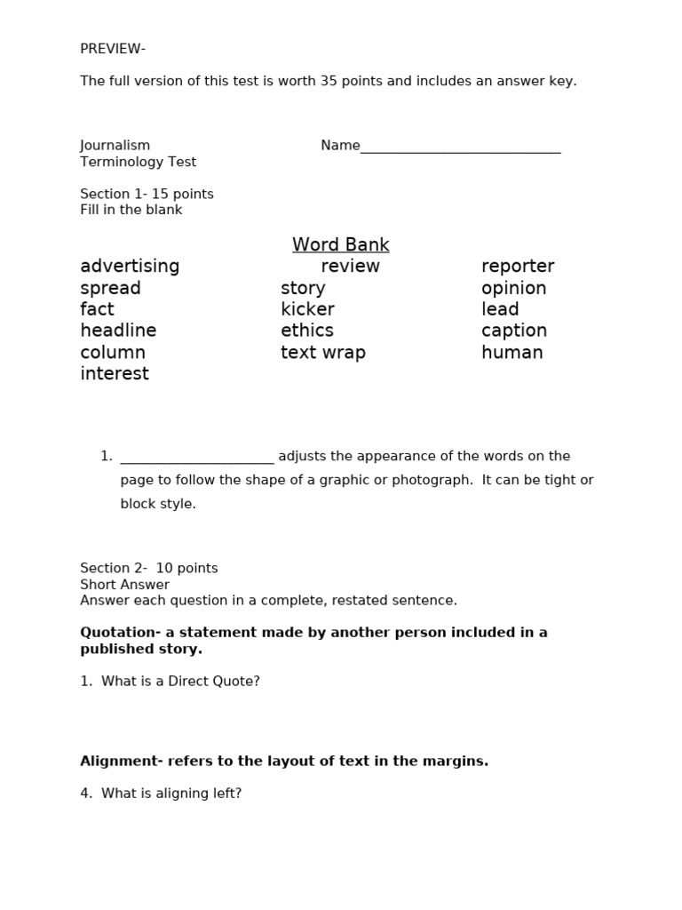 Demo Journalism Terms Testwith Answer Key | PDF