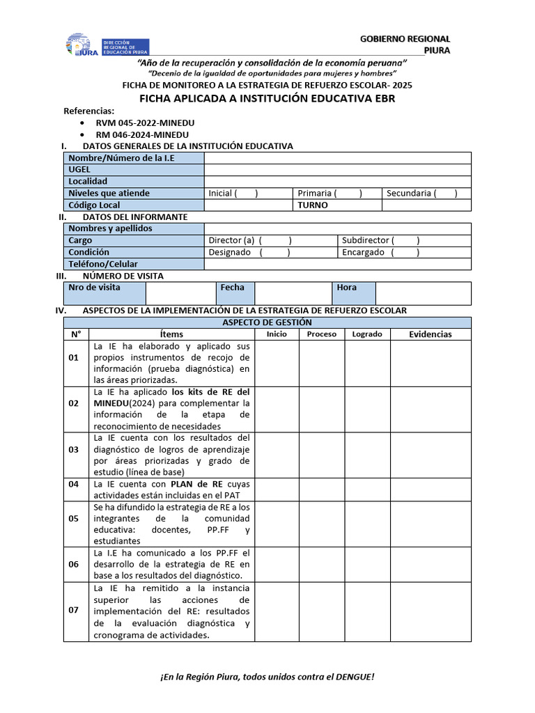 FICHA DE MONITOREO A II - EE - ESTRATEGIA DE REFUERZO ESCOLAR-DREP 2025-SI - Mayo 2025 | PDF ...