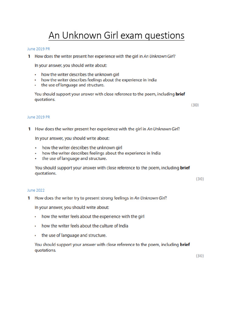 An Unknown Girl Exam Questions | PDF