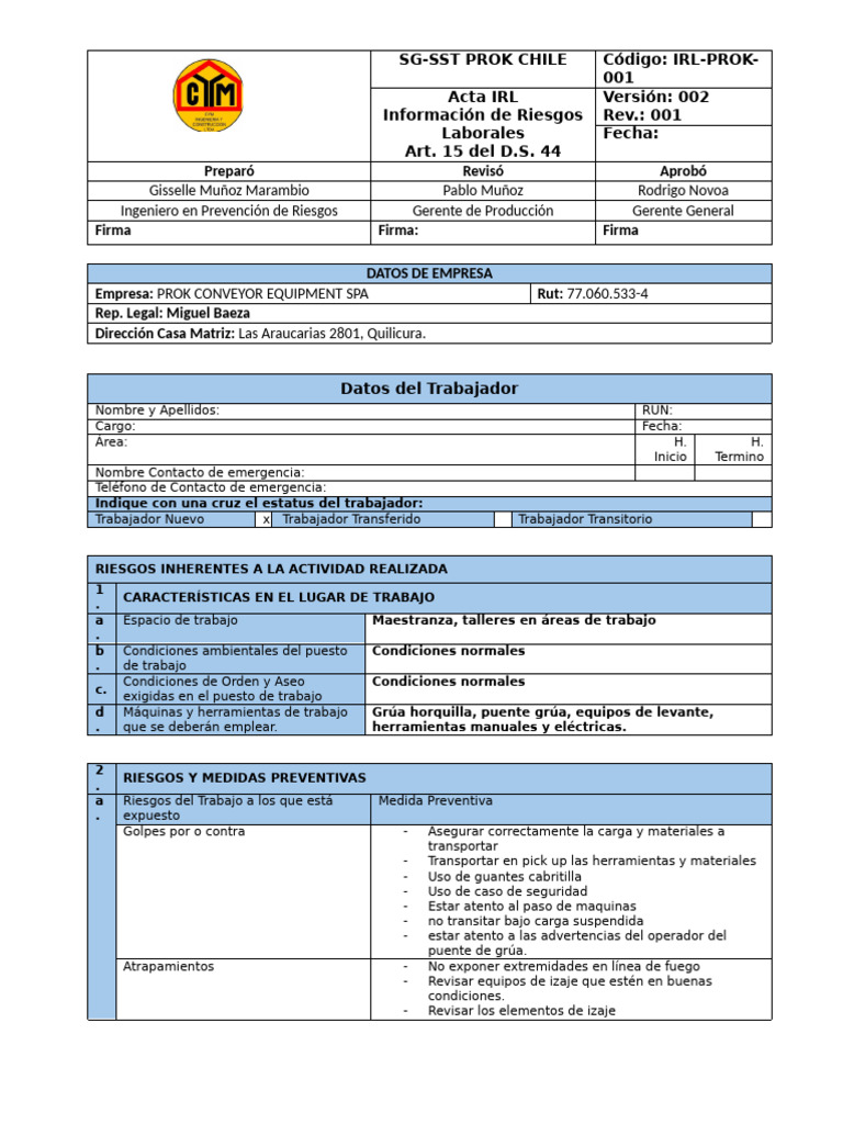 Riesgos Laborales en PROK Chile | PDF