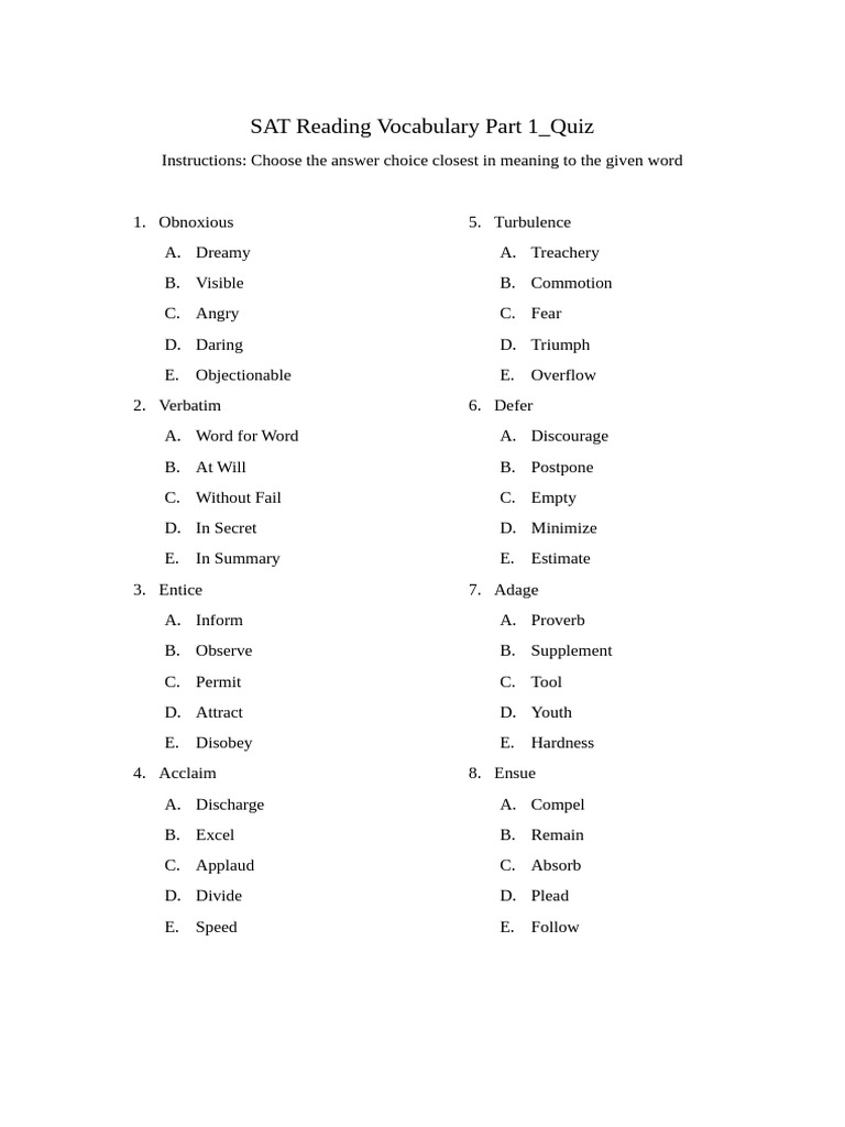 SAT Reading Vocabulary Part 1 - Quiz | PDF