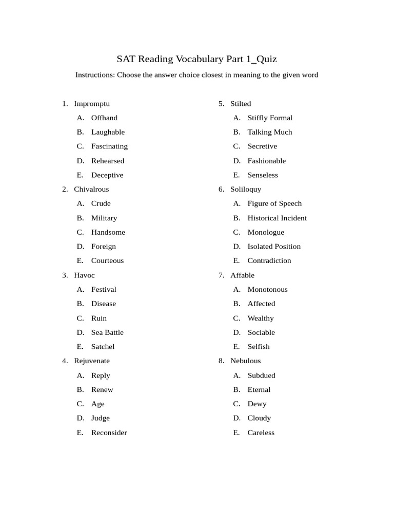 SAT Reading Vocabulary Part 2_Quiz | PDF
