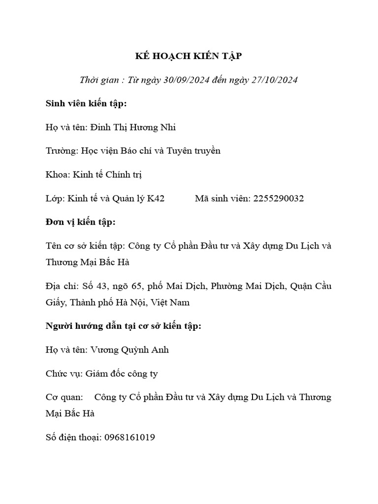 Kế Hoạch Kiến Tập - Hương Nhi | PDF