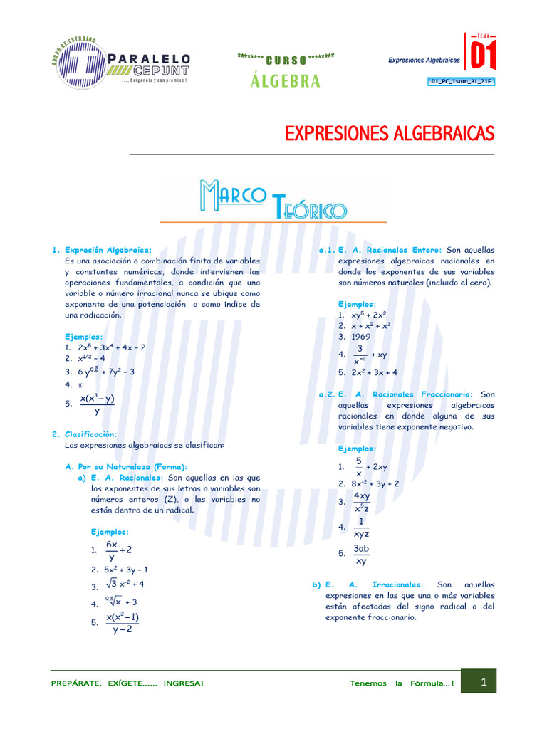 Lección 01 - Expresiones Algebraicas | PDF | Número racional | Polinomio