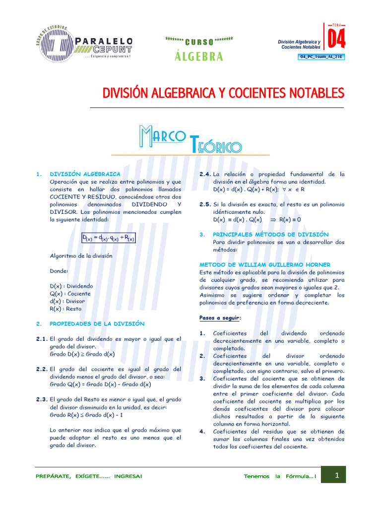 Lección 04 - División Algebraica y Cocientes Notables | PDF | División ...