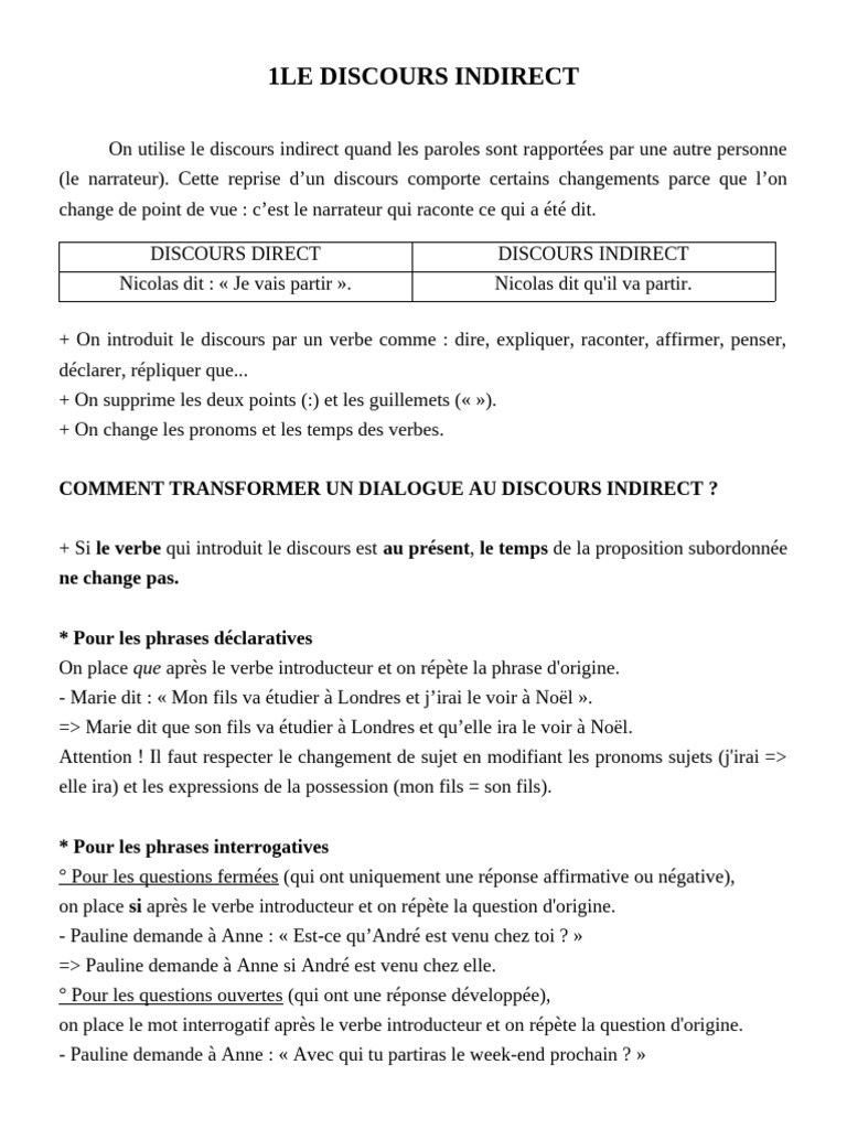 Comprendre le discours indirect | PDF | Phrase | Verbe