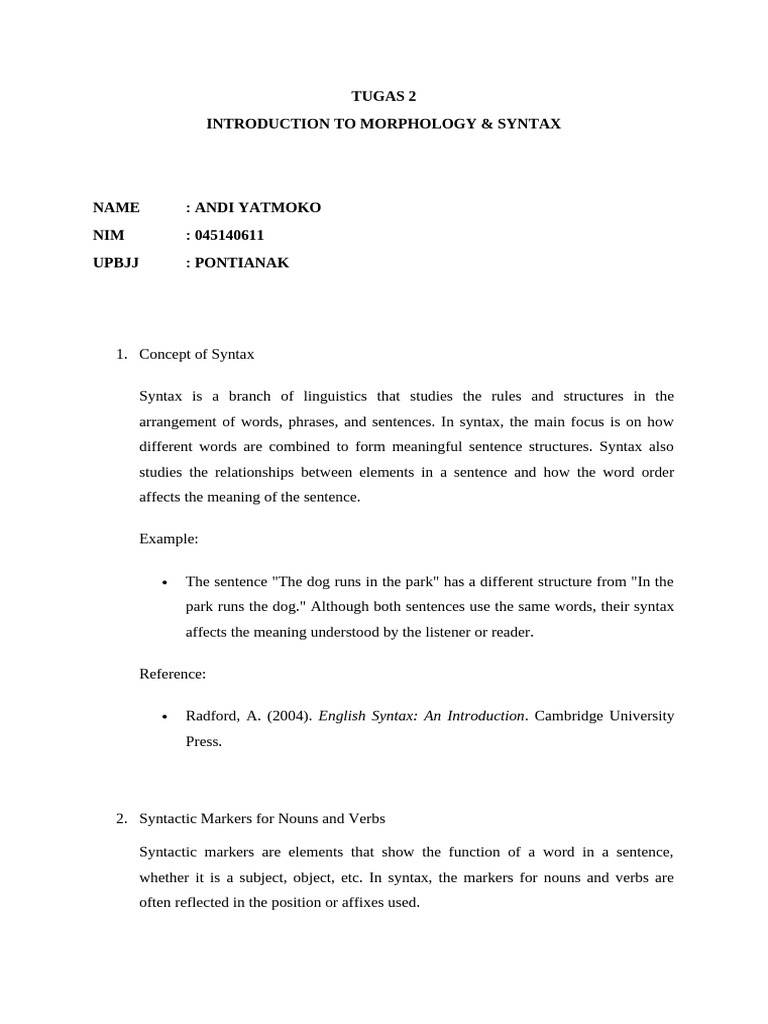 TUGAS 2 INTRODUCTION TO MORPHOLOGY & SYNTAX | PDF | Verb | Syntax