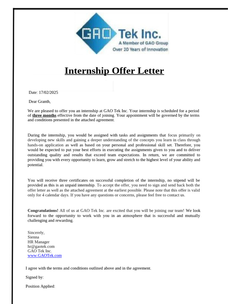 GAO Tek Internship Offer Letter | PDF