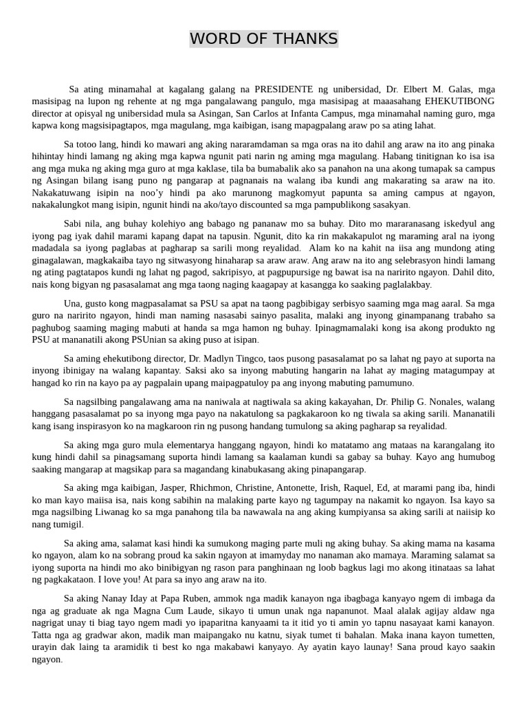 Word of Thanks | PDF