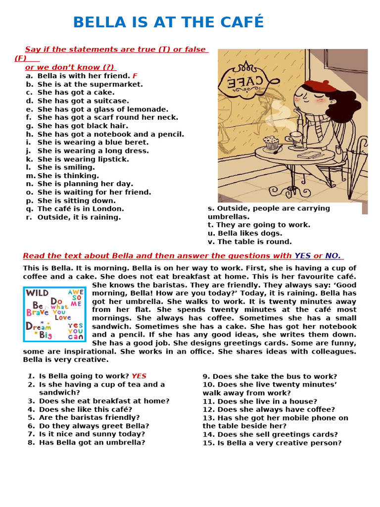 Bella Is at The Cafe Reading Comprehension Exercises 143657 | PDF ...