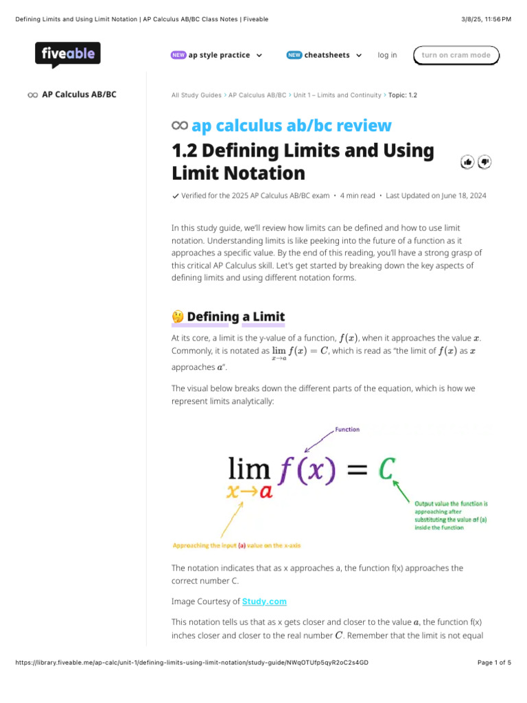 1 2 Defining Limits And Using Limit Notation Ap Calculus Ab Bc Class Notes Fiveable Pdf