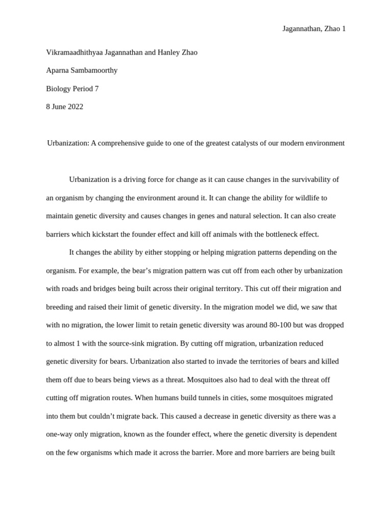 Urbanization Essay - Sambamoorthy, 6_8_22 | PDF | Genetic Diversity | Coyote