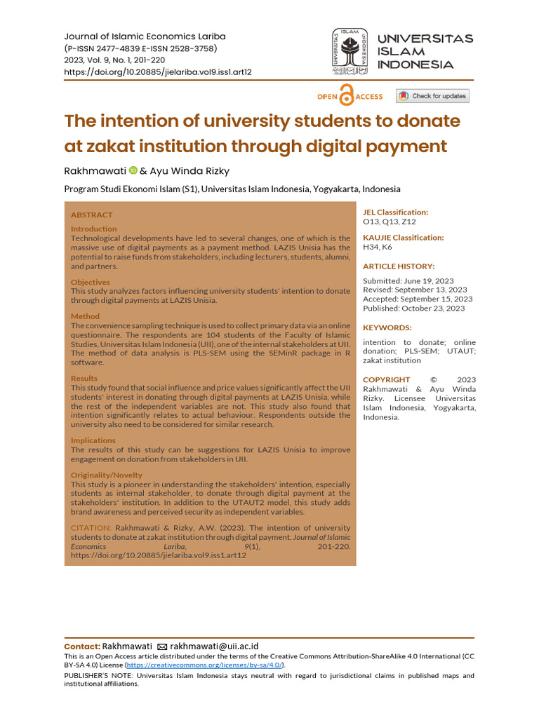 The Intention of University Students to Donate at Zakat Institution Through Digital Payment (S2 ...