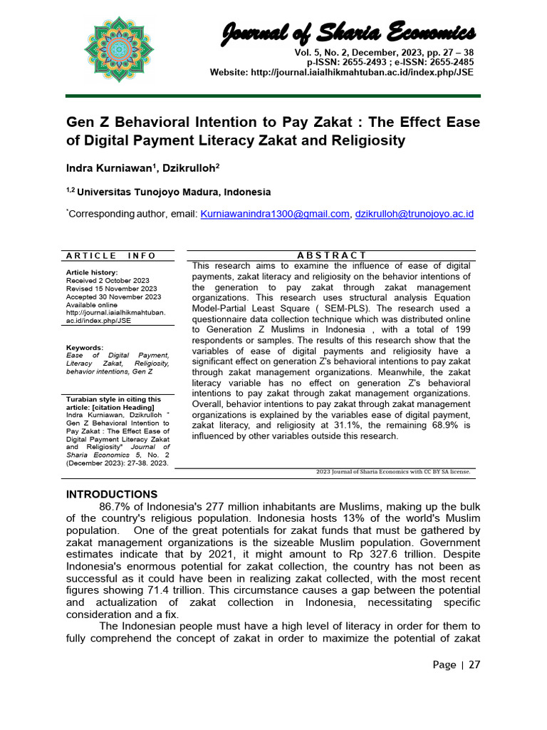 Gen Z Behavioral Intentions To Pay Zakat The Effect Ease of Digital Payments Zakat Literacy and ...