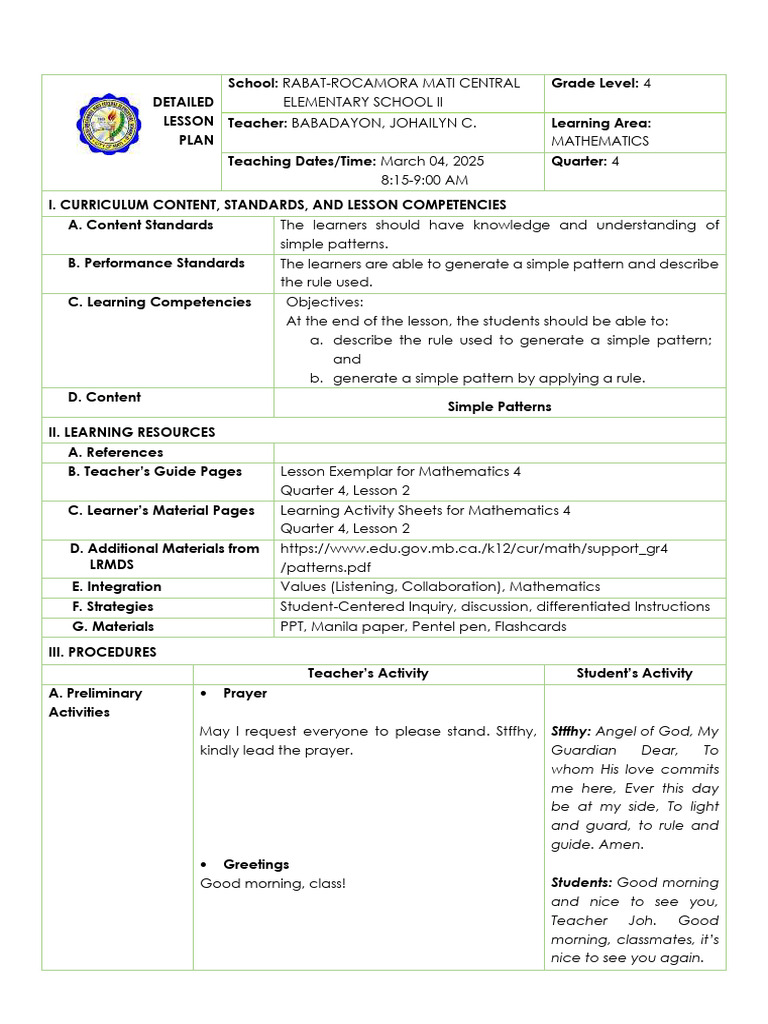 Grade 4 Math Lesson Plan: Simple Patterns | PDF | Learning ...
