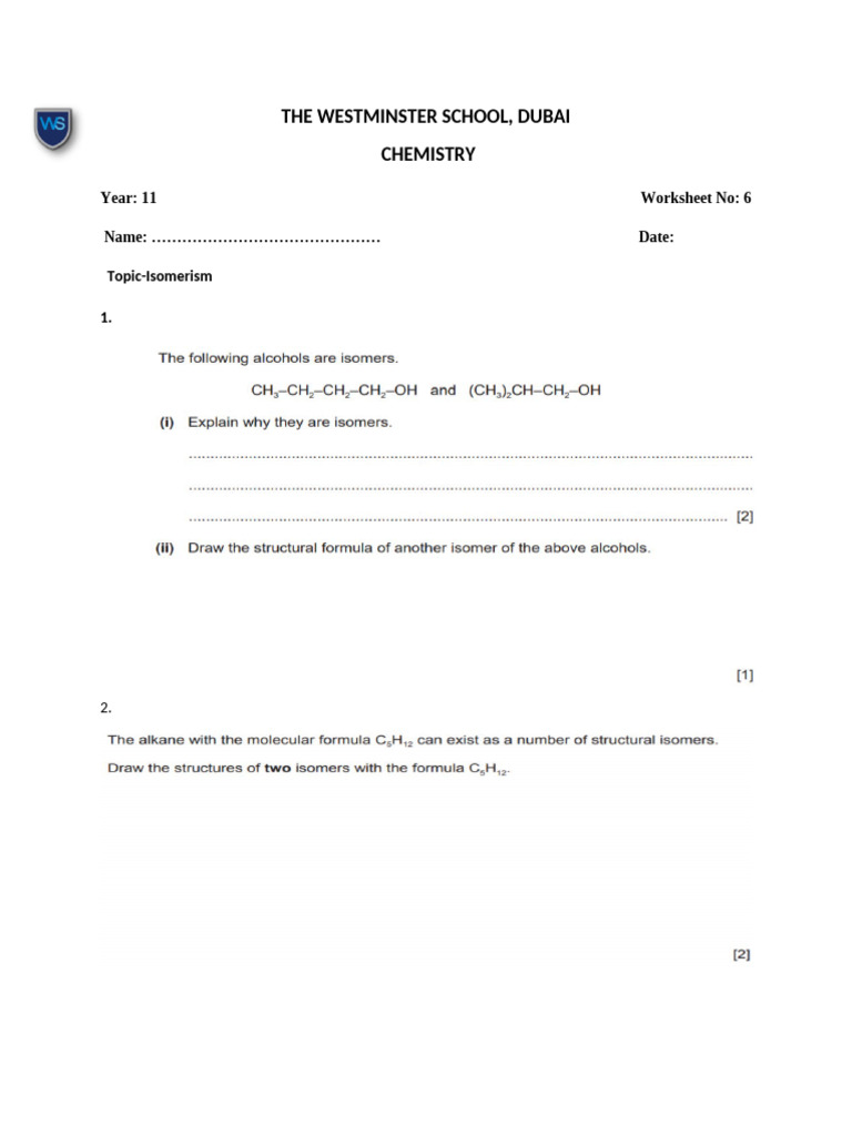 Isomerism Worksheet | PDF