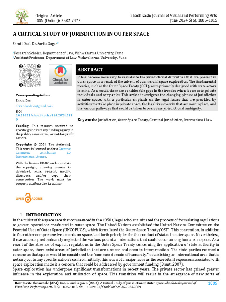 A Critical Study of Jurisdiction in Outer Space | PDF | Jurisdiction | Crimes