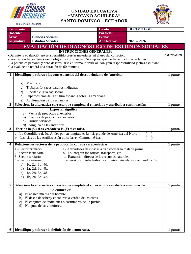 10 Egb Diagnóstico Ee - Ss. Mat - Vesp | PDF