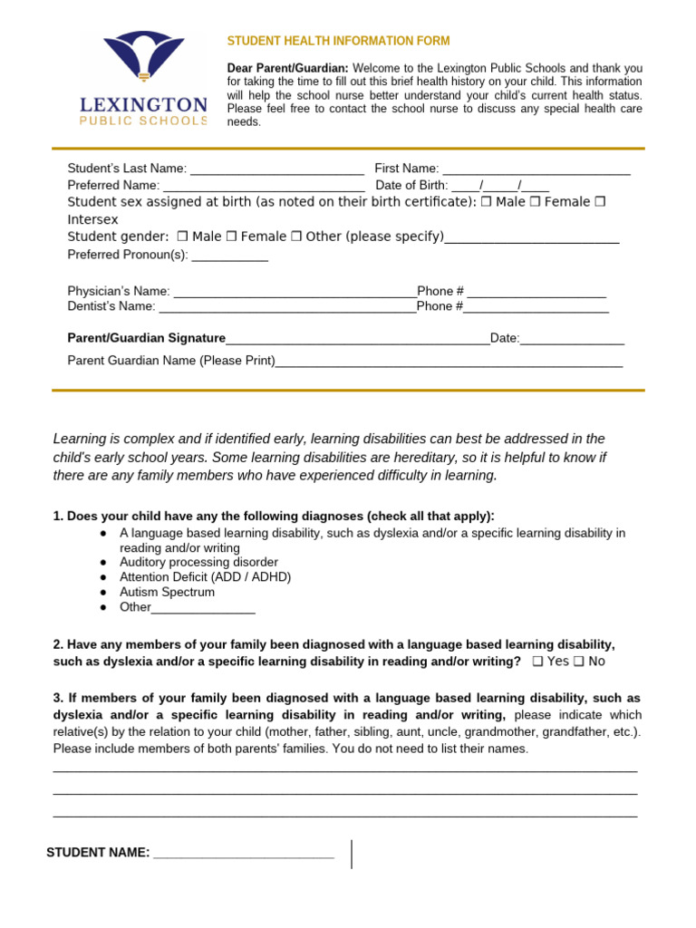 Student Health Information Form (Jan. 2023) - Rev | PDF | Learning ...