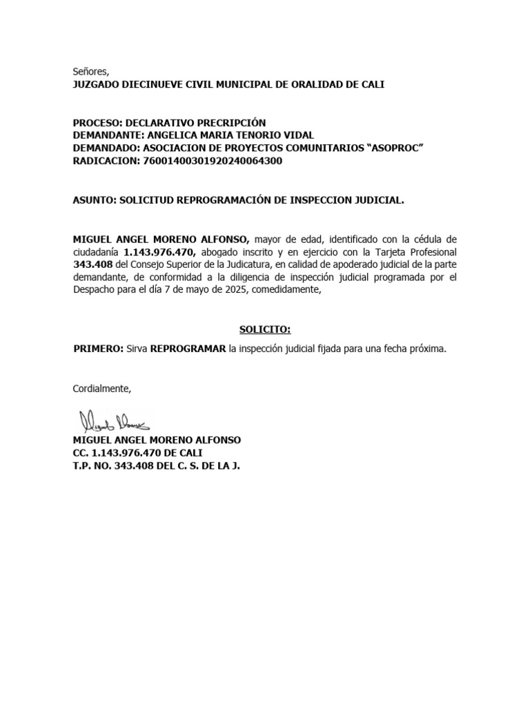 Solicitud Reprogramar Inspeccion Judicial 2024-643 | PDF