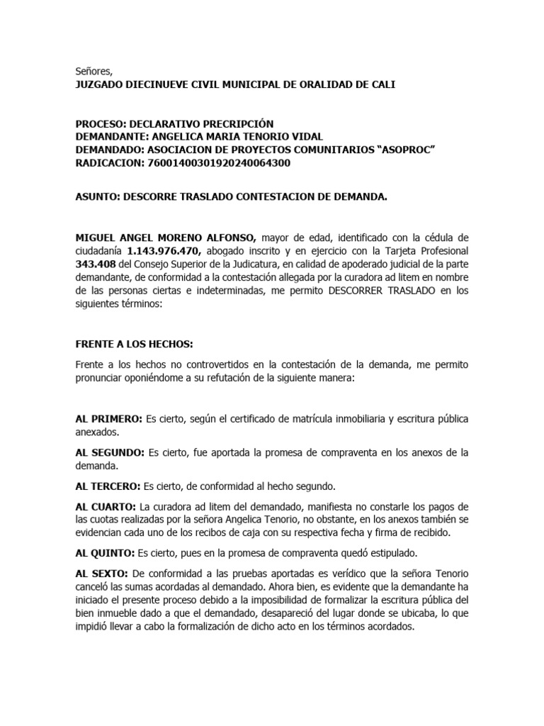Descorre Traslado Contestacion Demanda 2024-643 | PDF | Posesión (Ley ...