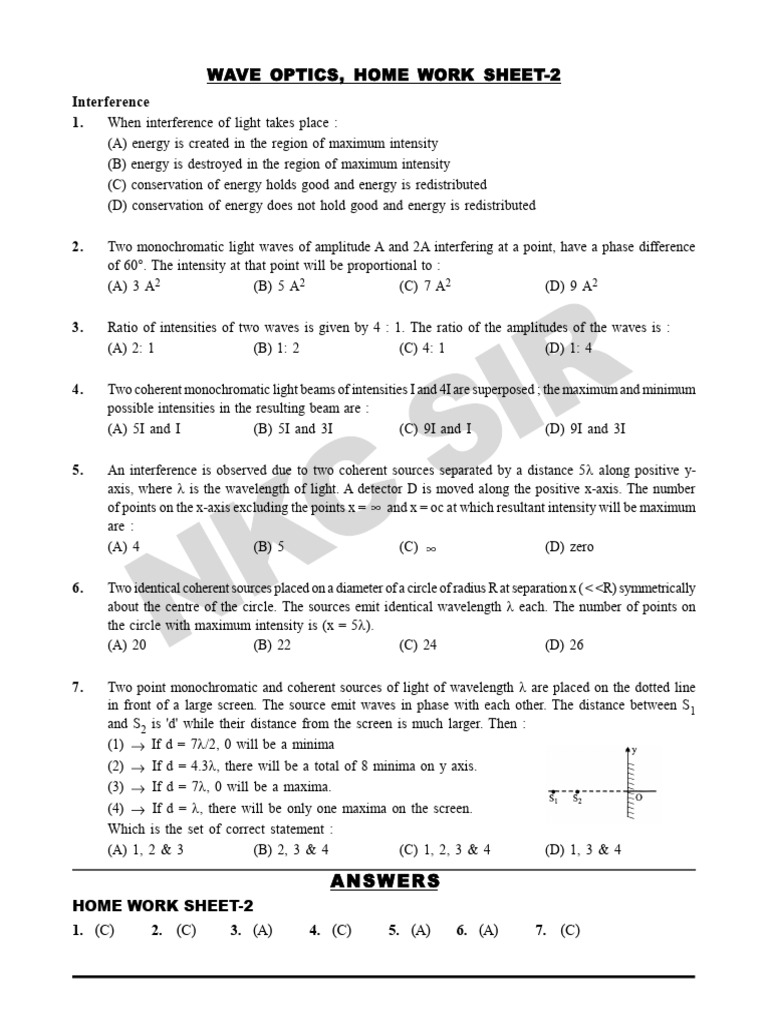 WaveOpticsHomeWorkSheet 2 | PDF | Coherence (Physics) | Waves