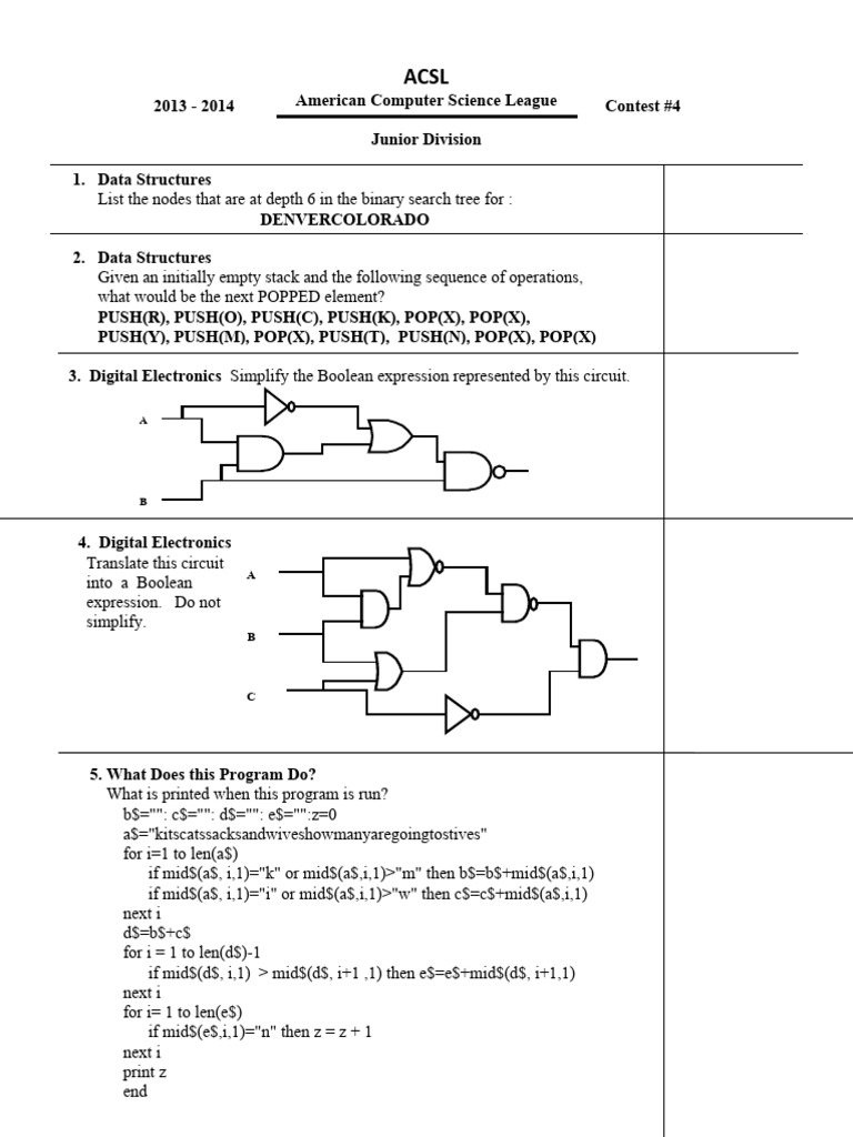 Junior Division - ACSL 2013-14 Contest 4 Short Problems | PDF