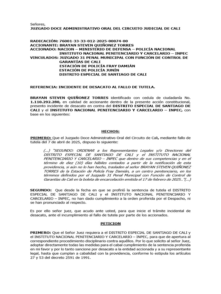 Incidente de Desacato en Tutela Judicial | PDF | Gobierno | Justicia