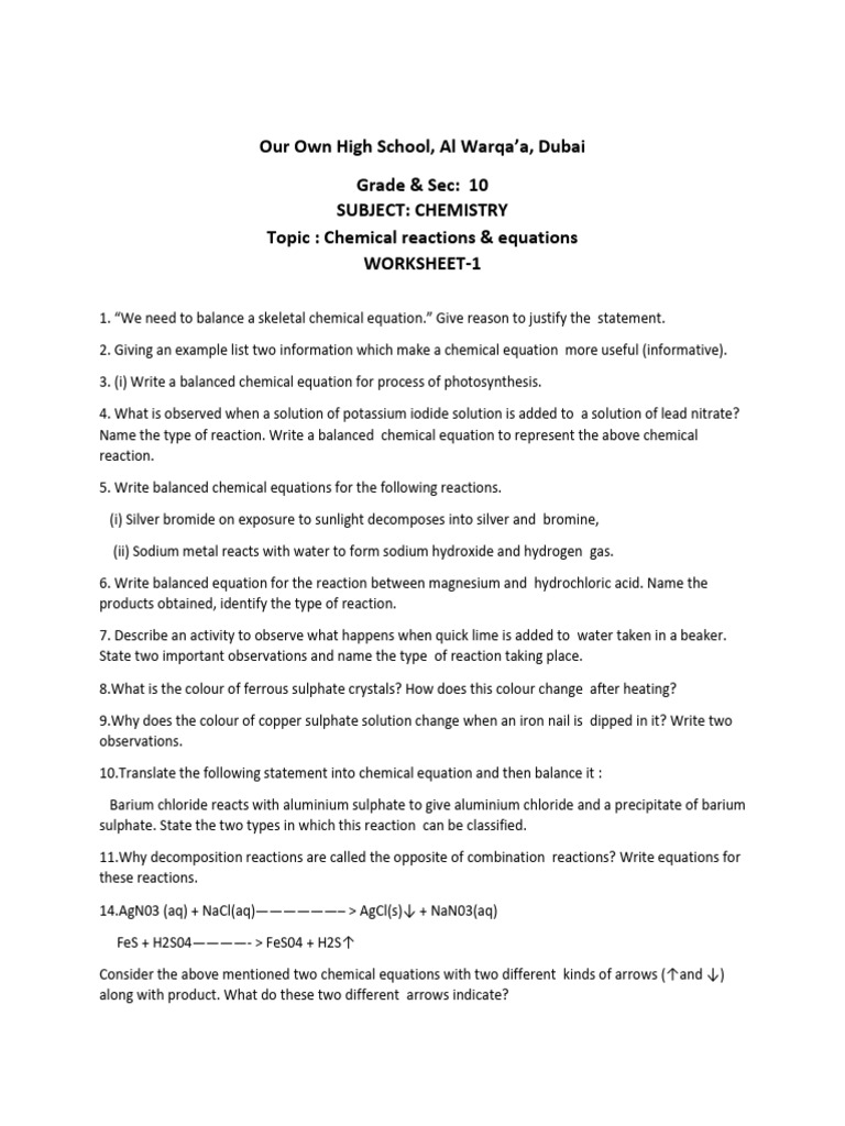 Chemical Reactions and Equations Worksheet | PDF | Chemical Reactions ...