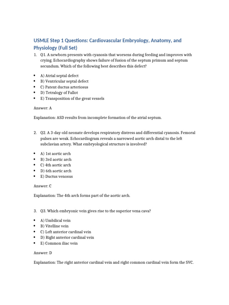 USMLE Step 1: Cardiovascular Embryology Questions | PDF | Aorta ...