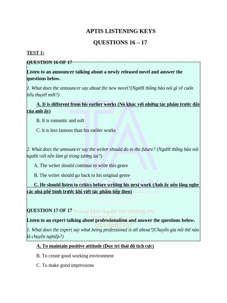 Aptis Listening Test q16-17 Keys | PDF