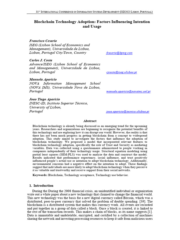 Blockchain Technology Adoption - Factors Influencing Intention and | PDF | Intention | Behavior