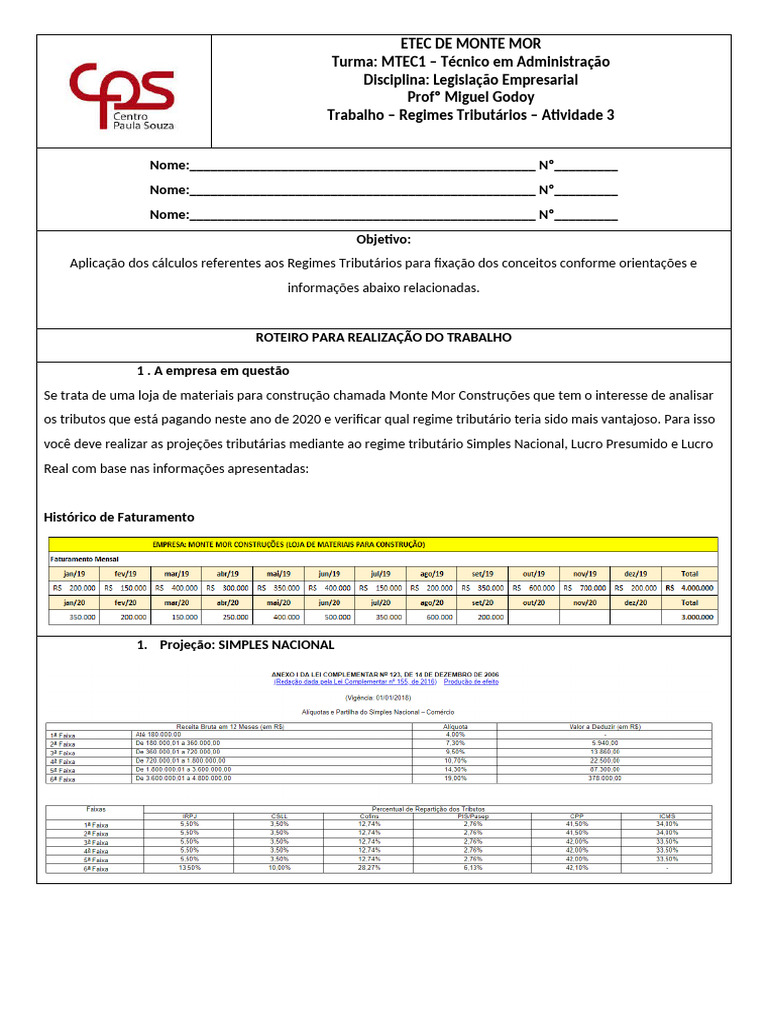 Aula 7 - Regimes Tributários - Atividade 3 | PDF