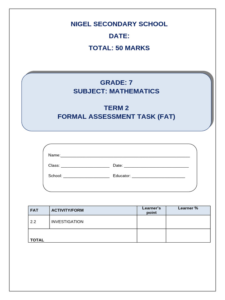 Mathematics Grade 7 Investigation Term 2 | PDF | Area | Mathematics