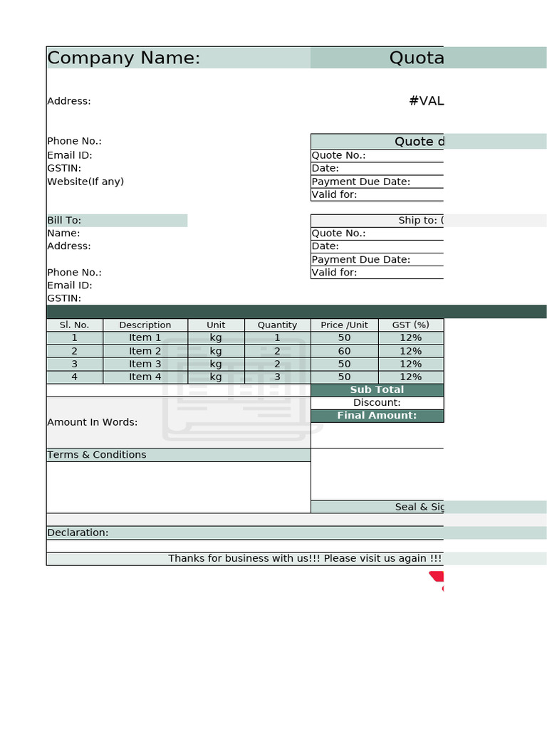 Excel Quotation Format with GST | PDF