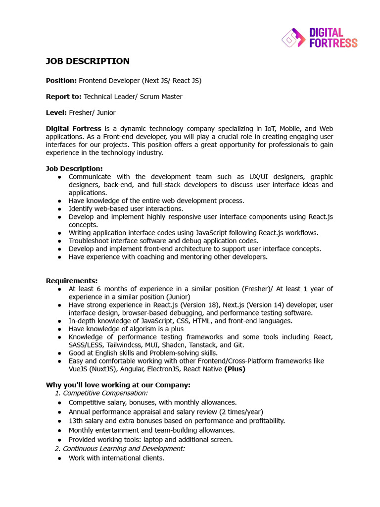 [Digital Fortress] JD FE (NextJS_ReactJS)_Fresher_Junior | PDF | User Interface | Web Development