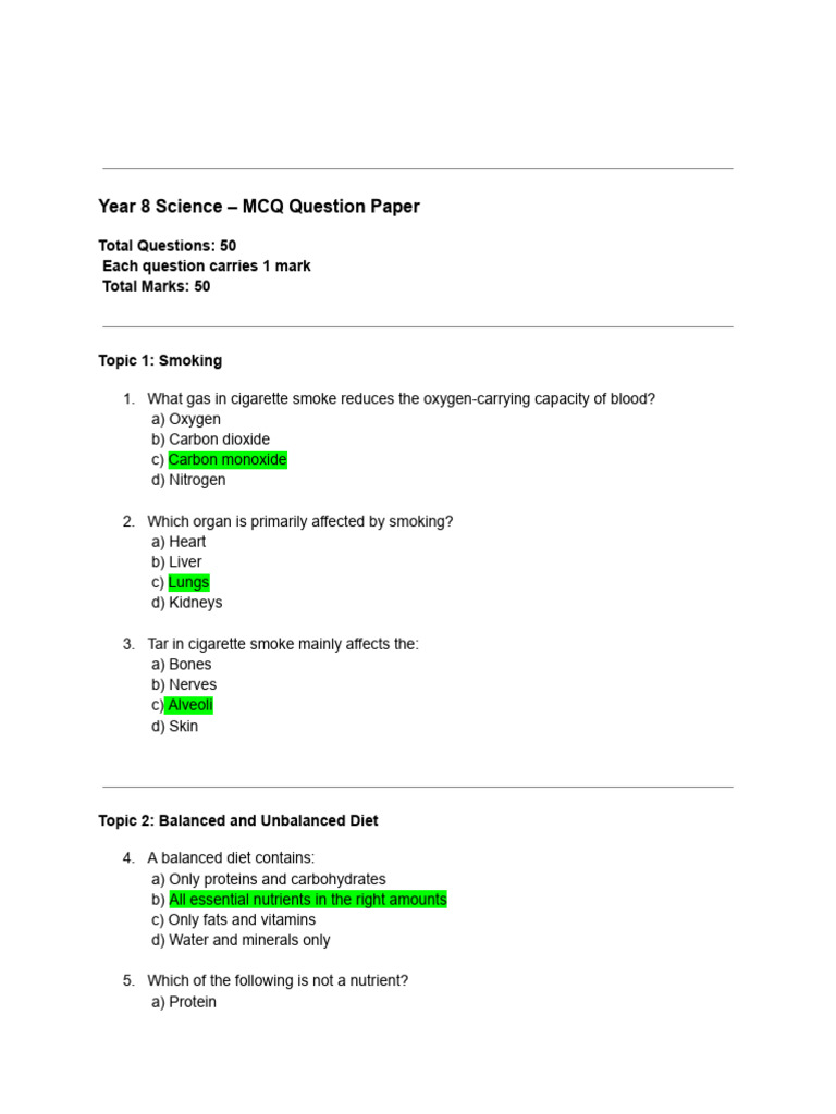 Year 8 Science MCQ Exam Paper | PDF | Nutrients | Cellular Respiration