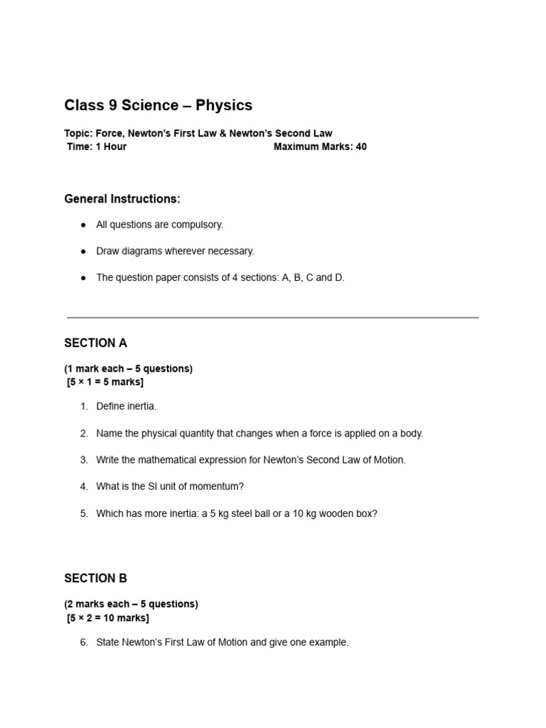 Grade 9 CBSE - QP 1- Newtons Laws | PDF