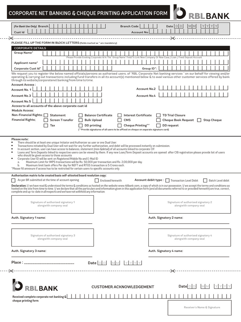 Corporate Net Banking Application Form | PDF | Banks | Cheque