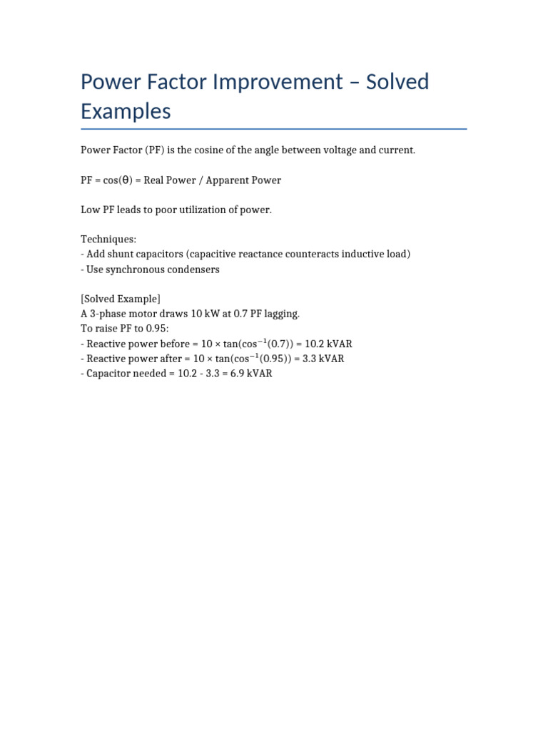 Power Factor Improvement - Solved Examples | PDF