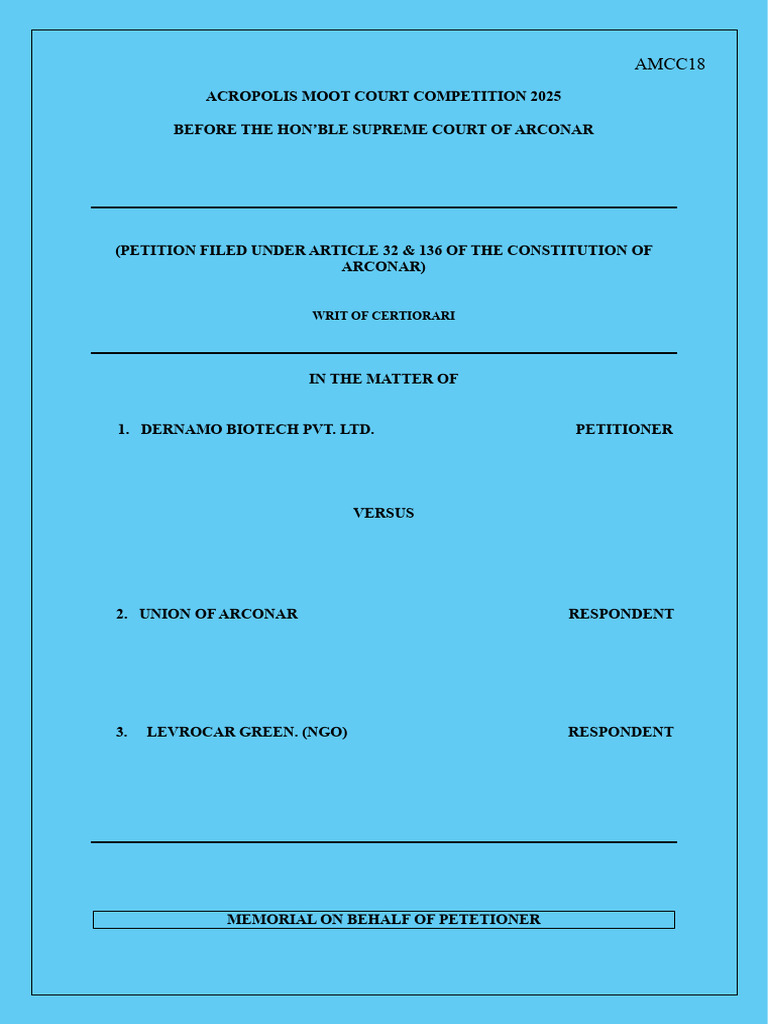 Arconar Moot Court Competition 2025 Memorial | PDF | Patent ...