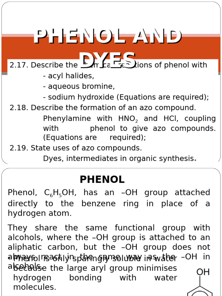 Reactions and Uses of Phenol and Azo Compounds | PDF | Hydroxide | Amine