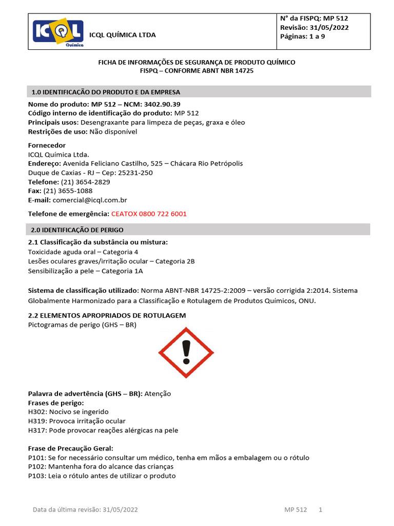 FISPQ MP 512 - Desengraxante ICQL | PDF | Primeiros socorros | Química