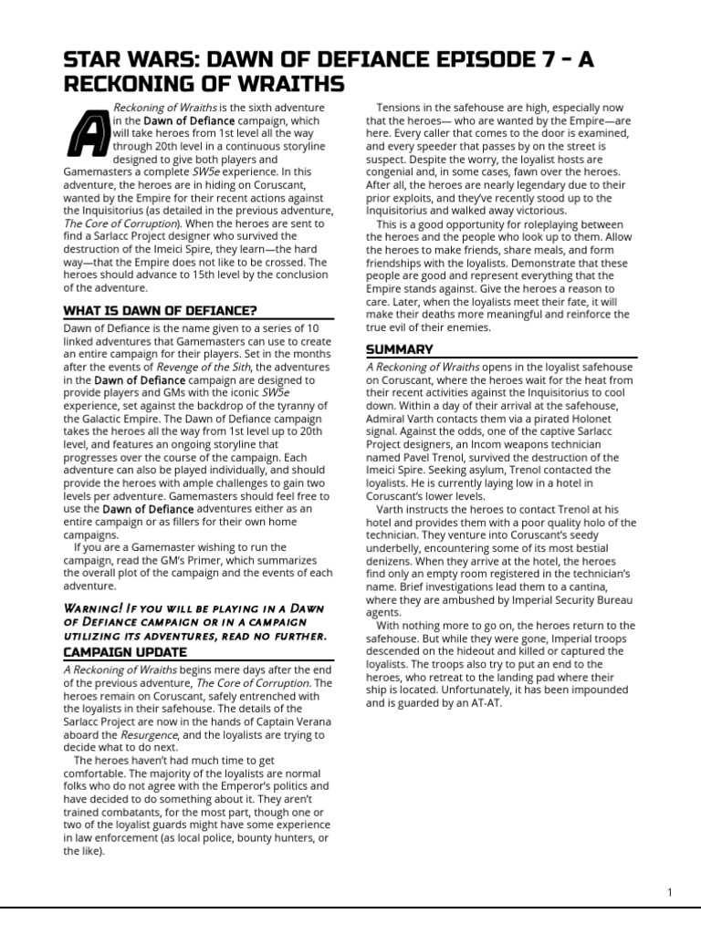 Dawn of Defiance - Chapter 7 - A Reckoning of Wraiths - GM Binder | PDF ...