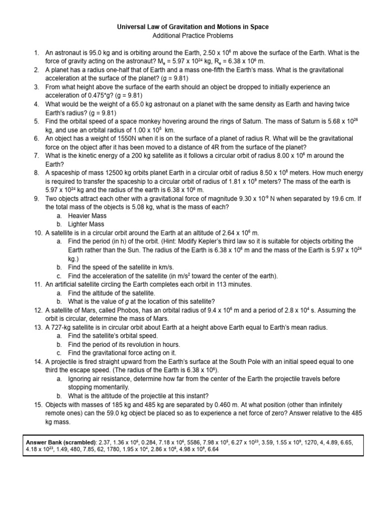 Universal Law of Gravitation and Motions in Space Practice Problems ...
