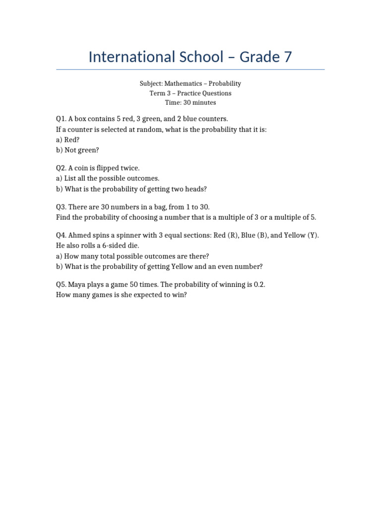 Grade 7 Math Probability Practice Questions | PDF