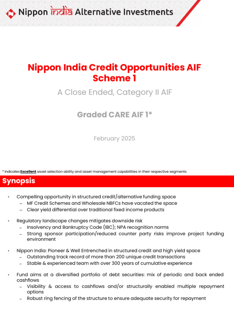 1pitch Deck Nippon India Credit Opportunities AIF Scheme | PDF | Debt | Securities (Finance)
